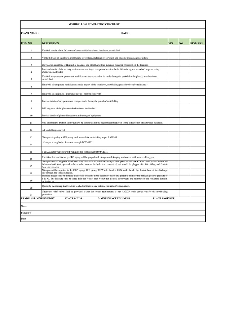 Mothballing Completion Checklist | PDF