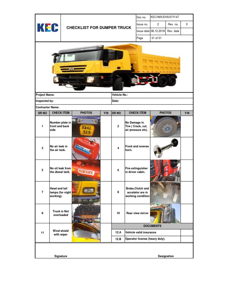 Checklist For Dumper Truck | PDF