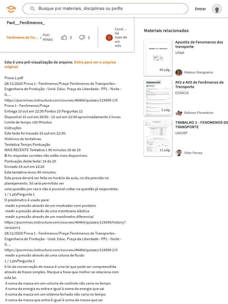 Fenômenos de Transporte - Provas e Materiais | PDF