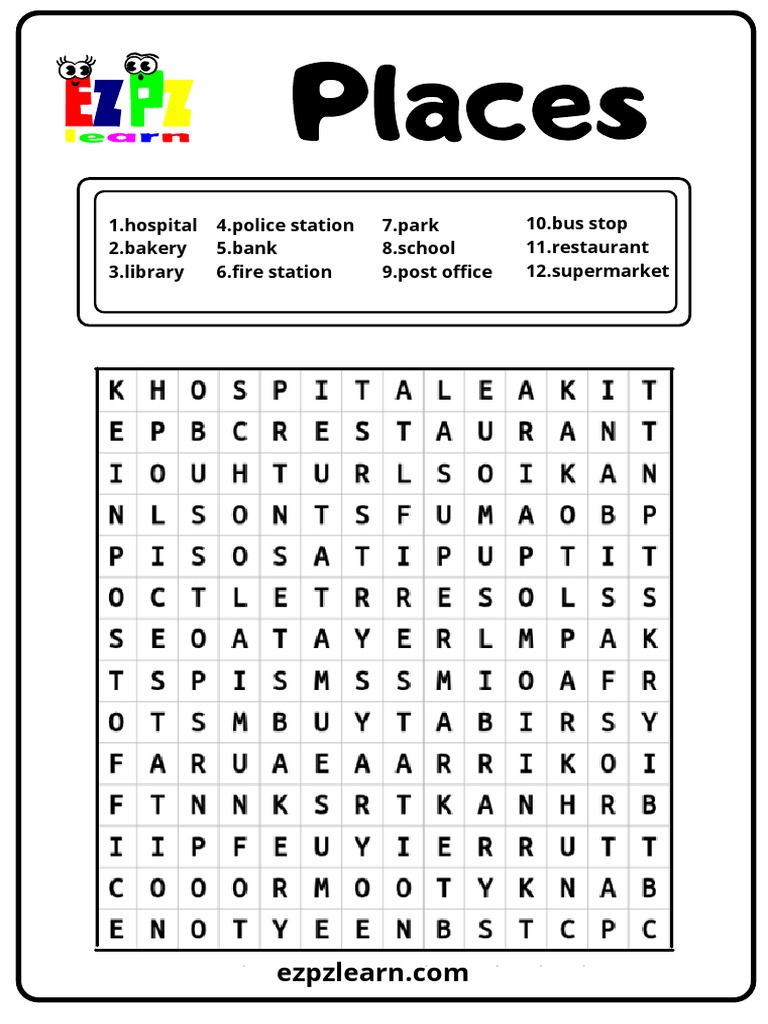Town Places Word Search Worksheet | PDF