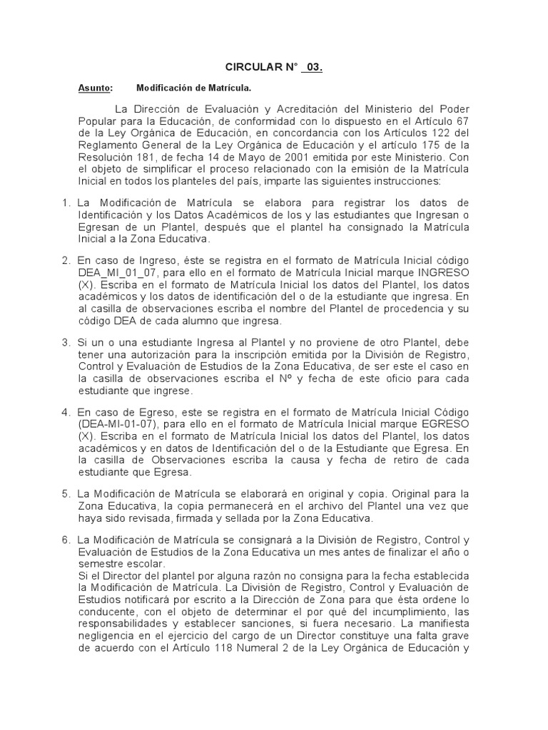 Instrucciones para Modificación de Matrícula | PDF