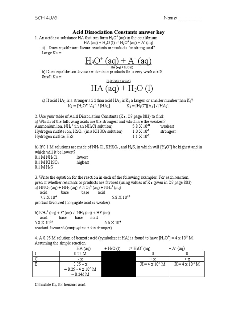 Acid Dissociation Constants Key | PDF