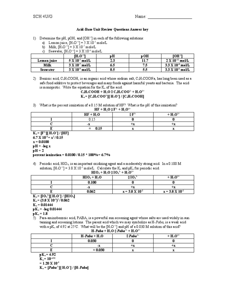 Acid-Base Unit Review Questions Answer Key | PDF | Teaching Methods ...