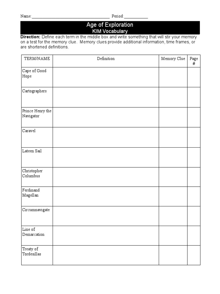 European - Exploration-Age - of - Exploration - KIM - Vocabulary 2 | PDF