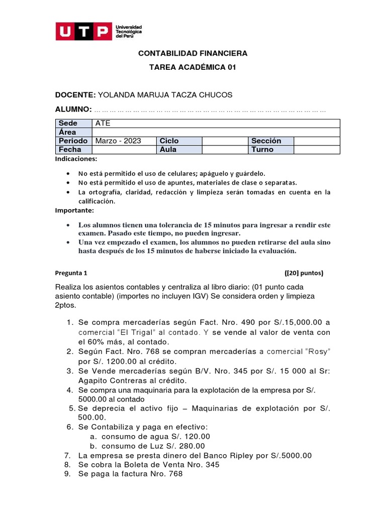 TAREA ACADÉMICA 01 - Contabilidad Financiera-1 PDF | PDF | Finanzas y dinero