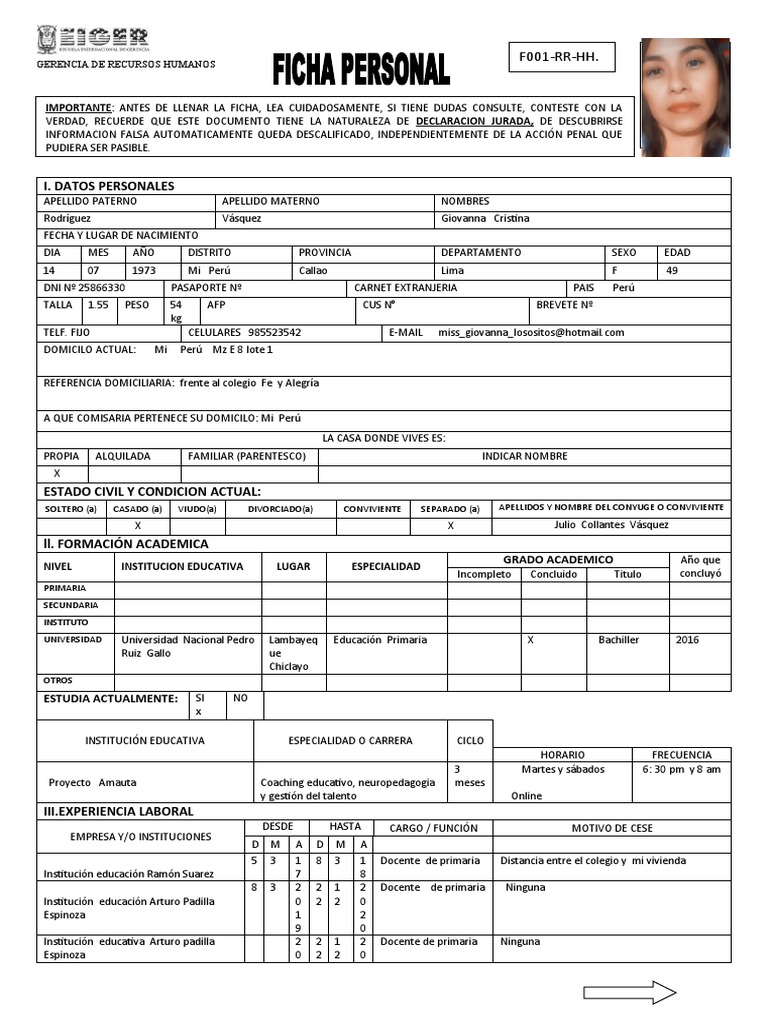 Ficha Personal Rodriguez Vasquez | PDF