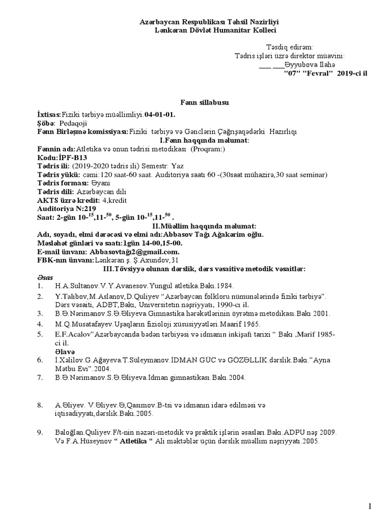 Atletika VƏ Onun Tədrisi Metodikası (Sillabus) | PDF