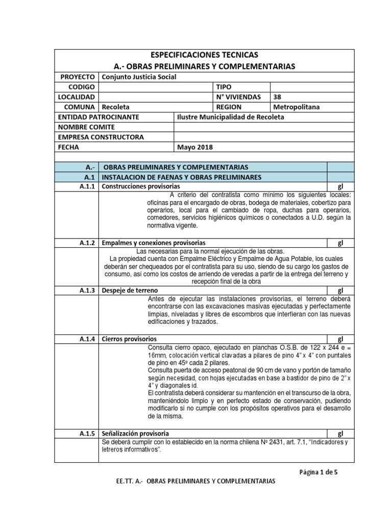 Form Eett - A Obras Preliminares y Complementarias PDF | PDF | Materiales de construcción ...