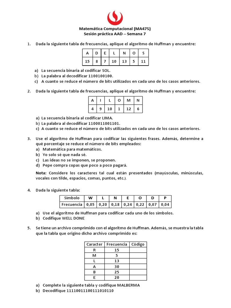 Algoritmo de Huffman: Ejercicios Prácticos | PDF