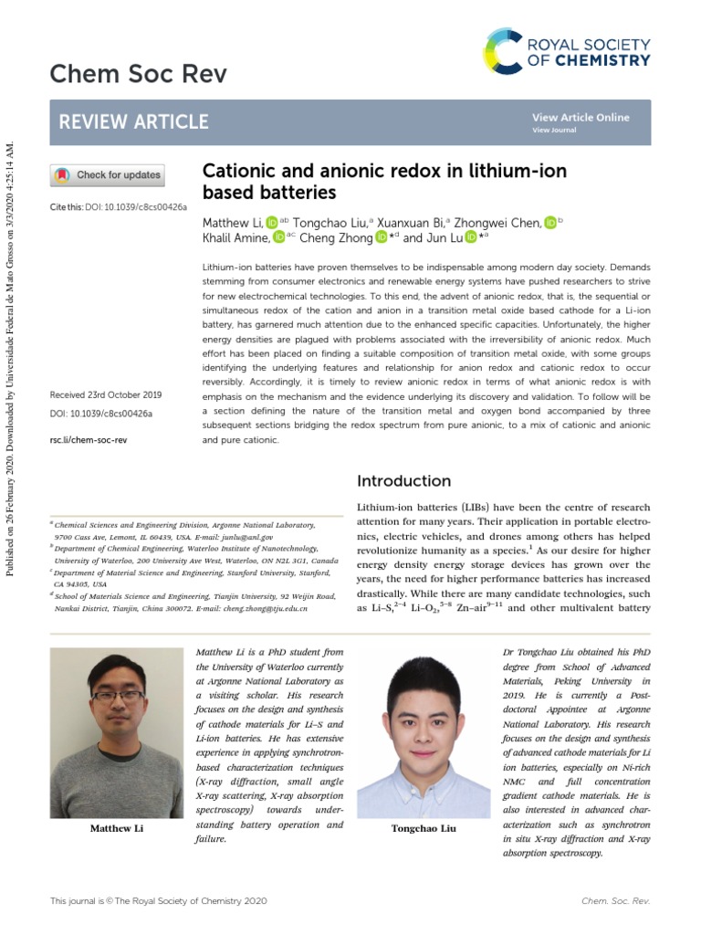 Cationic and Anionic Redox in Lithium-Ion Based Batteries PDF | PDF ...