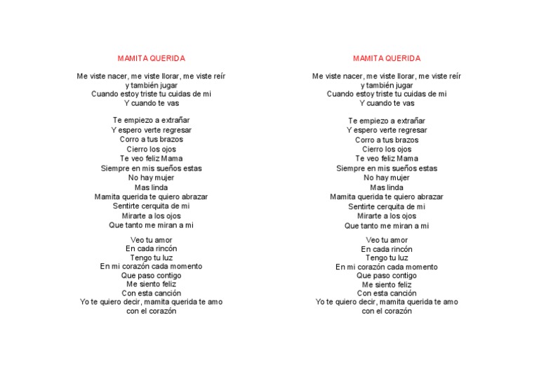 Letra de La Canción Grupal 4°, 5° y 6° Grado - Mamita Querida | PDF