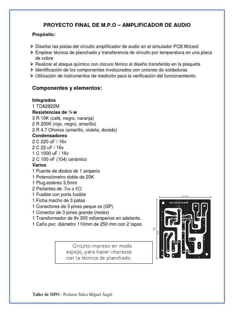 PROYECTO FINAL AMPLIFICADOR DE AUDIO CON TDA 2822.pdf | PDF