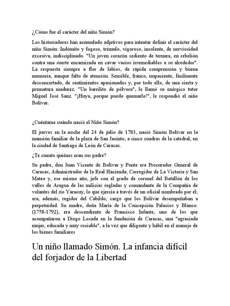 Infancia de Simón Bolívar: Carácter y Orígenes | PDF