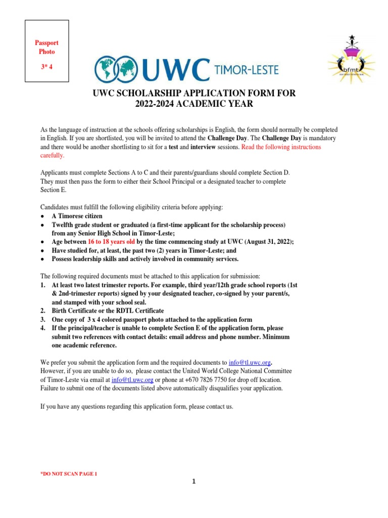 Application Form For Uwc Scholarships2022 Intake.239426513 PDF | PDF