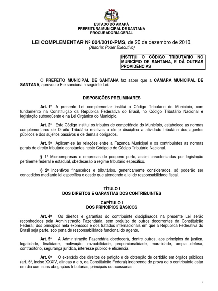 Lei Complementar #004-2010 - Codigo Tributario de Santana | PDF | Impostos | Taxa de crédito