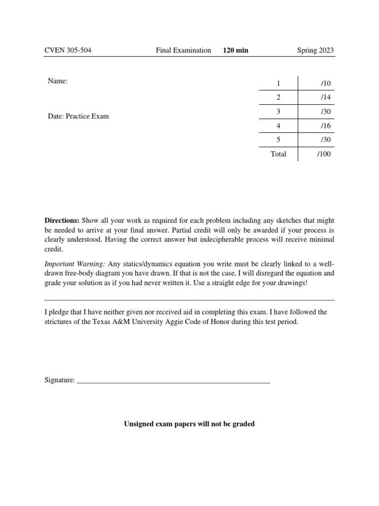 CVEN 305 Practice Exam Spring 2023 | PDF