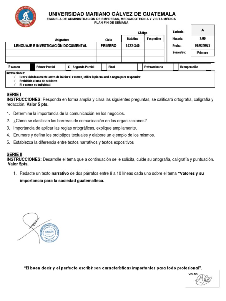 Examen Parcial Lenguaje PDF | PDF