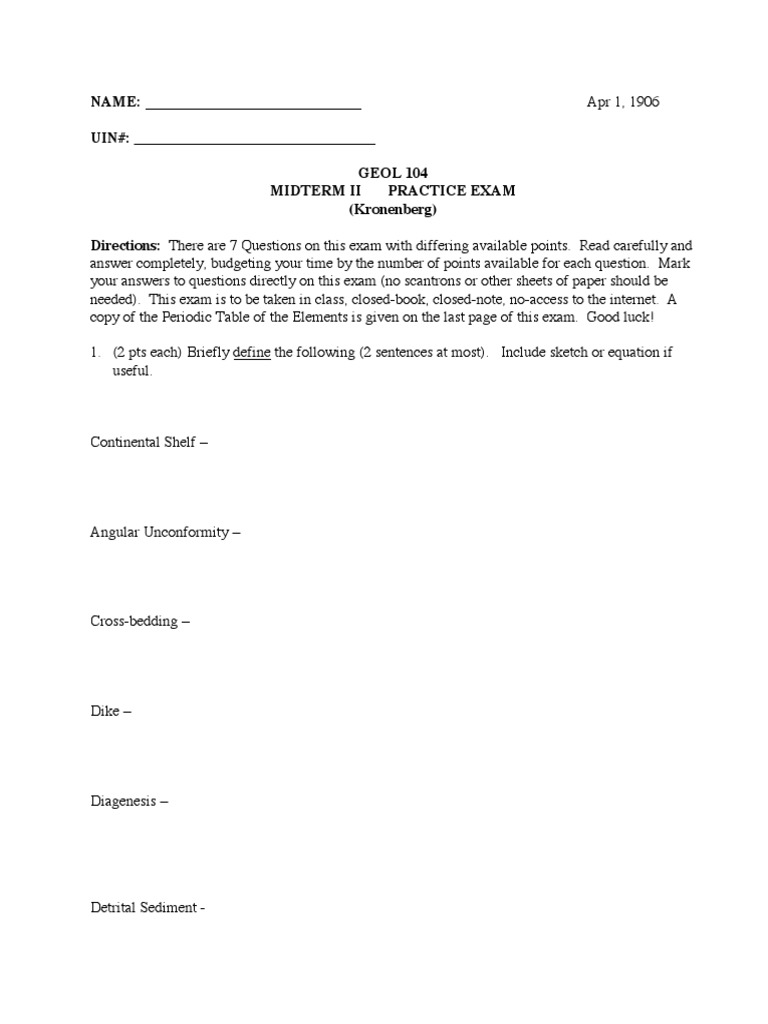 GEOL 104 Midterm II Practice Exam | PDF | Sedimentary Rock | Rock (Geology)