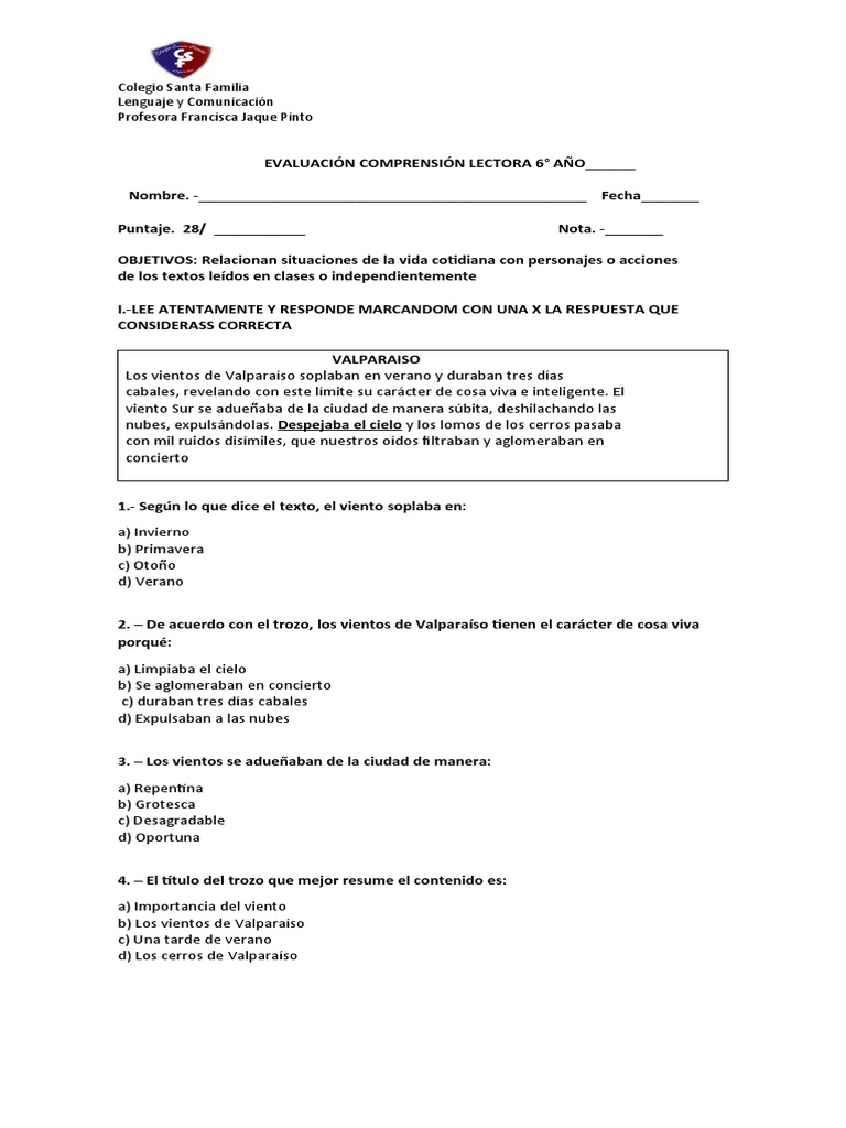 Prueba de Comprension Lectora Unidad 0 | PDF