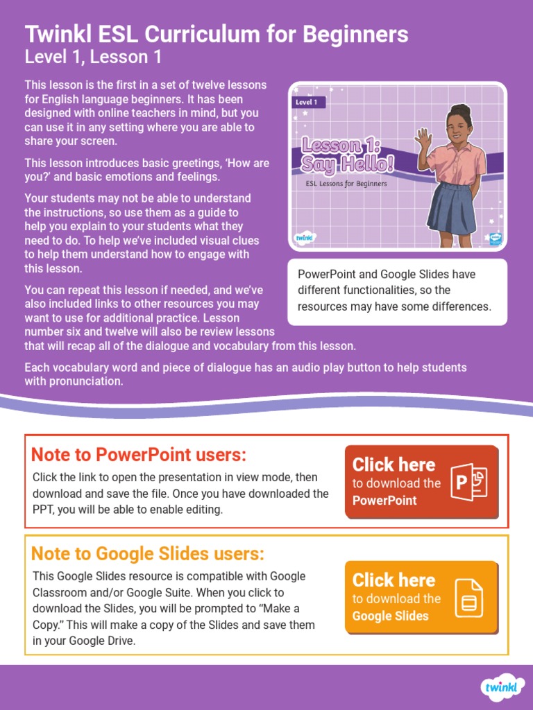 ESL Curriculum Level 1, Lesson 1 PDF | PDF