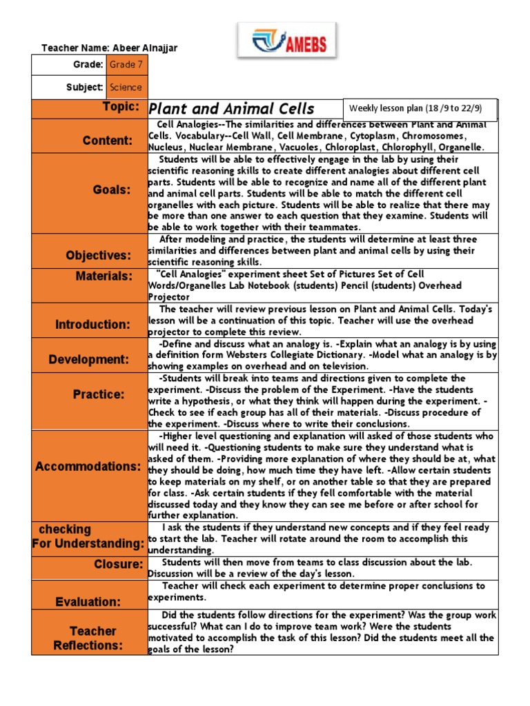 Plant and Animal Cells-G7 - Lesson PLAN | PDF
