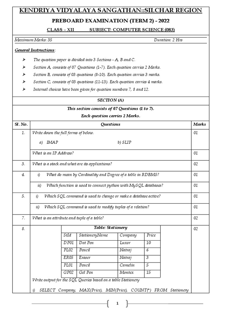 Silchar T2 CS - XII - PB1 - QP - SET1 | PDF