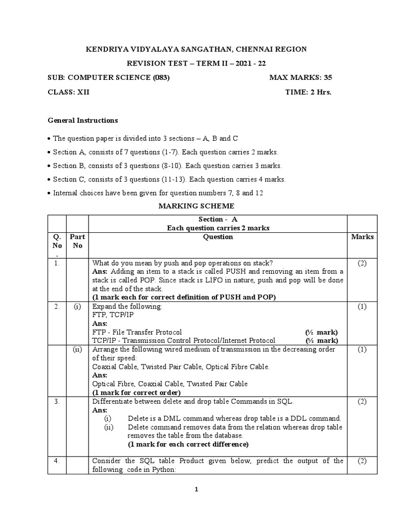 KV Sangathan Class XII Computer Science Test | PDF | Technology ...