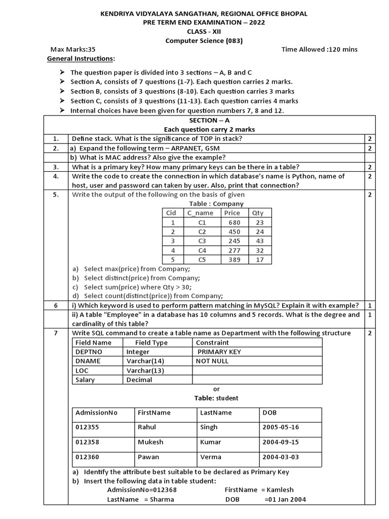 Class XII Computer Science Exam | PDF | Computer Network | Table (Database)
