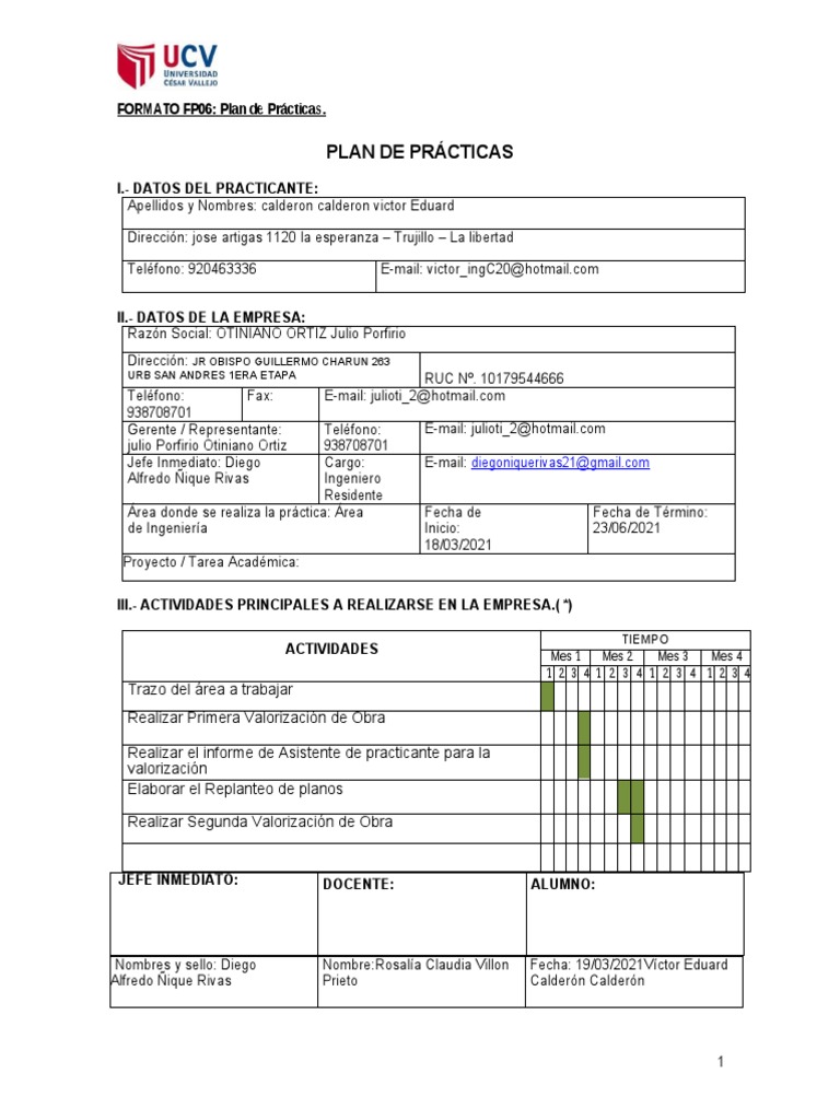 Formato FP06 - Plan de Practicas - Calderon Calderon Victor Eduard | PDF | Negocios