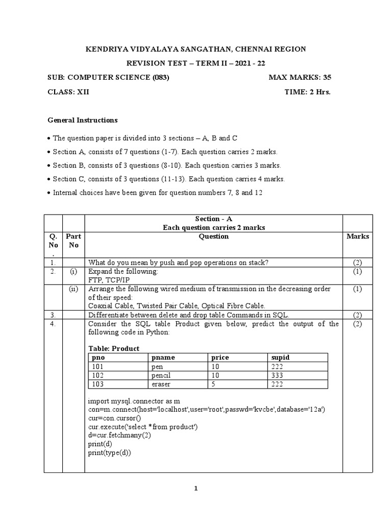 Chennai T2 XII CS QP | PDF | Network Topology | Computer Network Chennai T2 XII CS QP | PDF | Network Topology | Computer Network