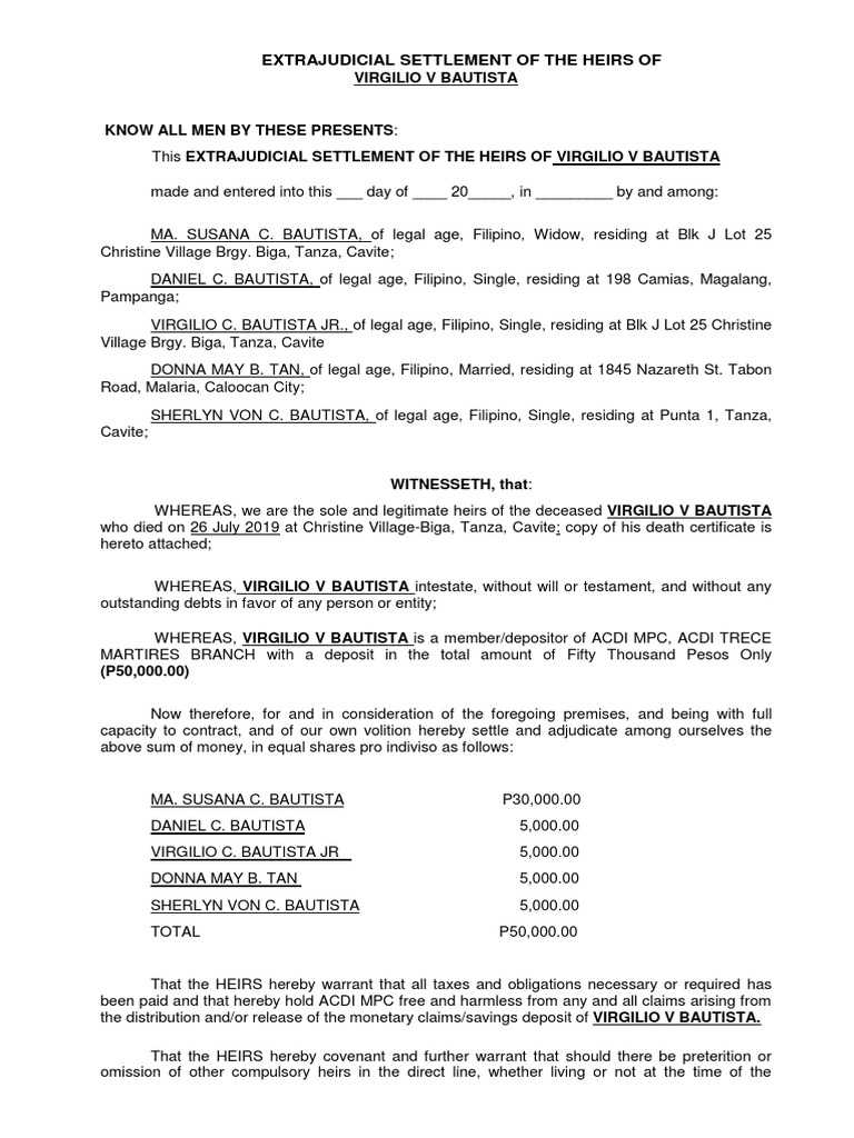 extrajudicial settelement format- BAUTISTA VIRGILIO | PDF | Civil Law ...