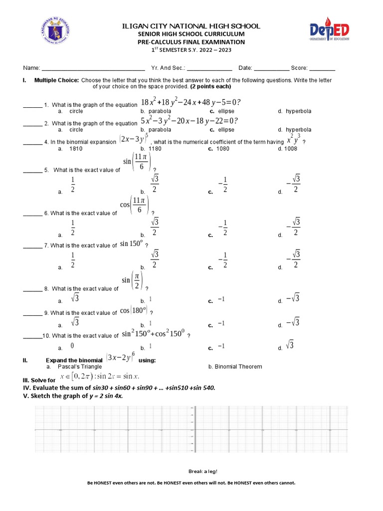 Pre Calculus Final Exam | PDF