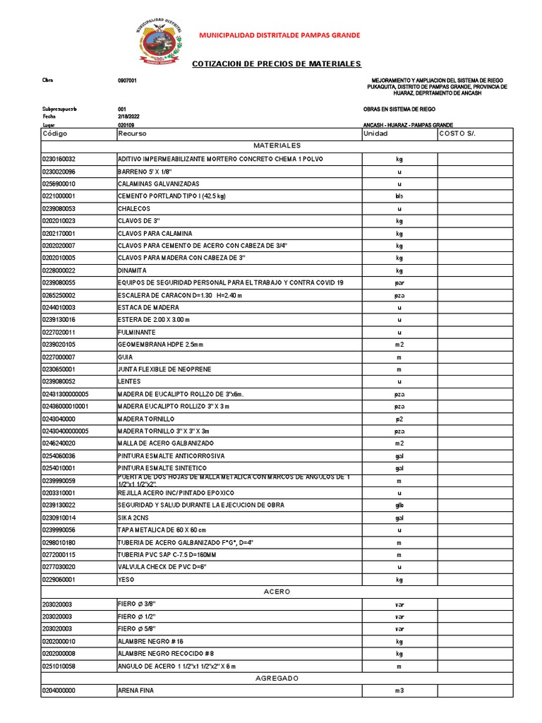 Cotizacion de Materiales | PDF