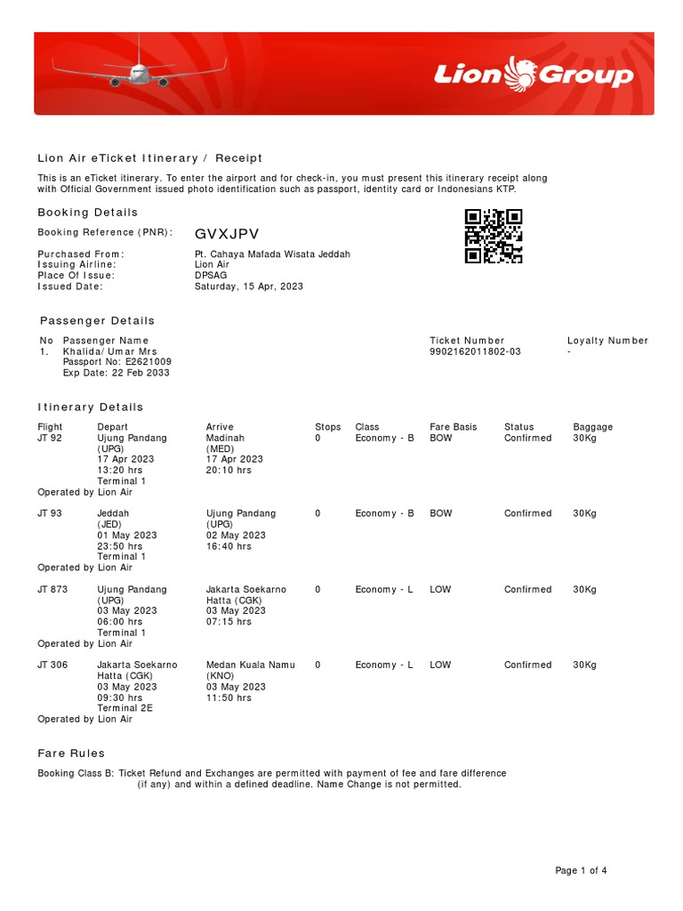Eticket - GVXJPV (PAOTERE 1 PAX + UPG-CGK-KNO) PDF | PDF