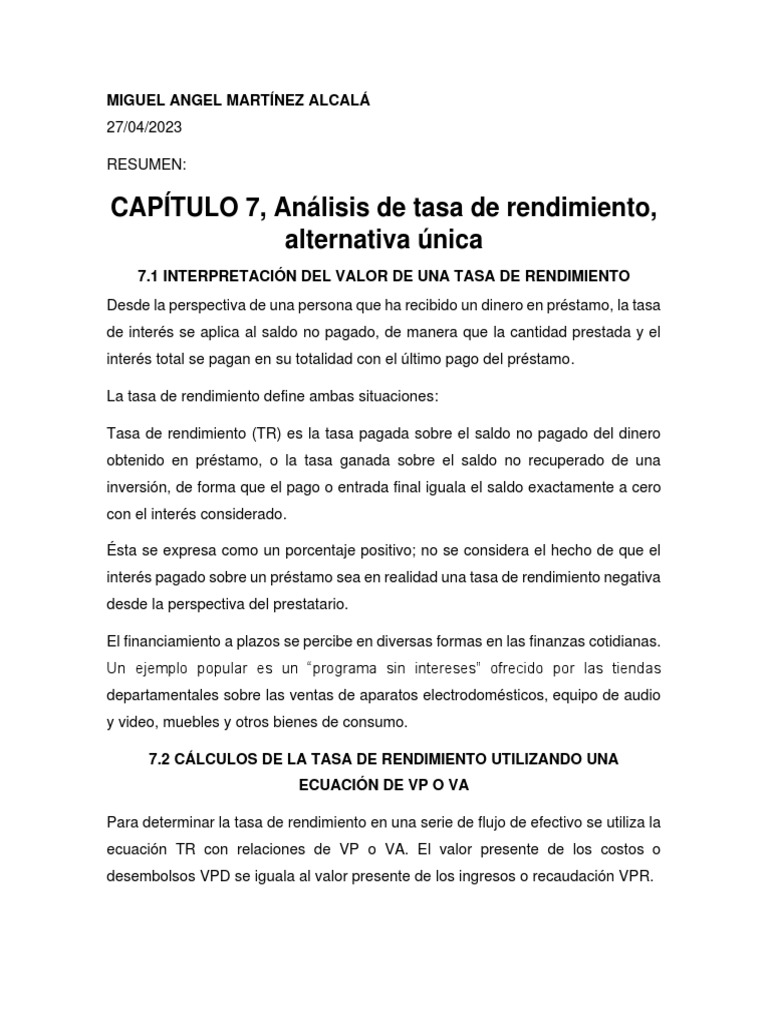 CAPÍTULO 7, Análisis de Tasa de Rendimiento, Alternativa Única PDF | PDF