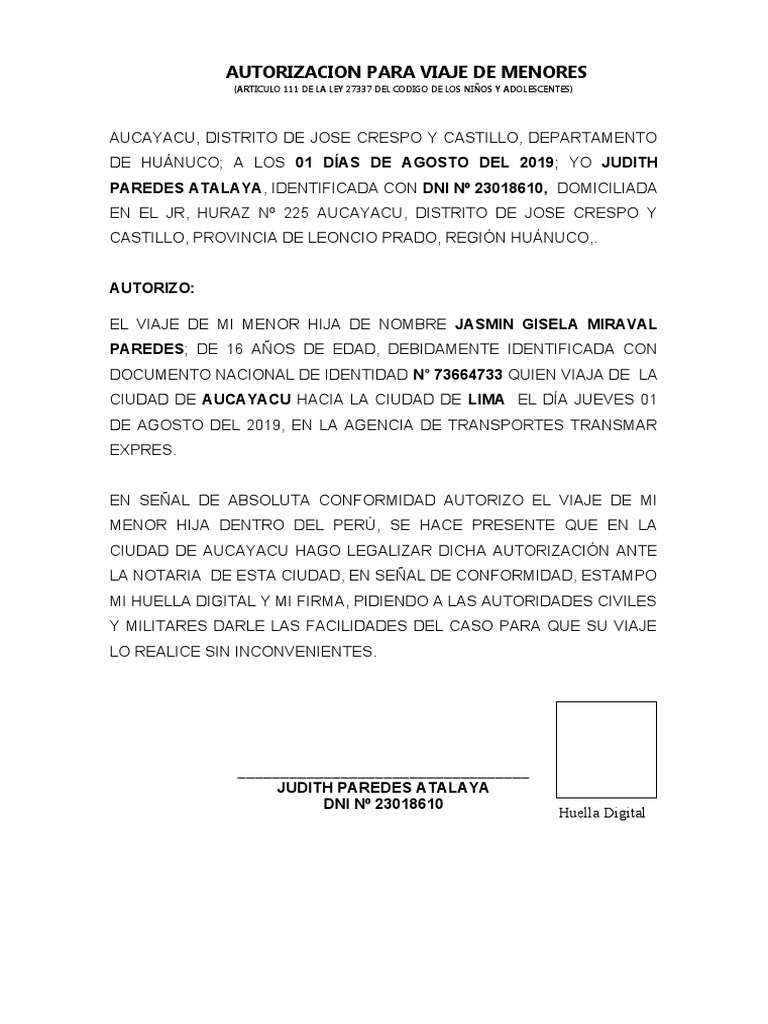 Acta de Autorizacion para Viaje Judith Paredes Atalaya | PDF