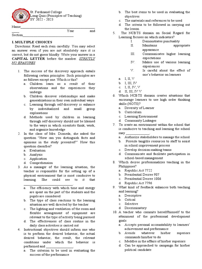 EDUC. 13 - Principles of Teaching [Long Quiz].docx | PDF