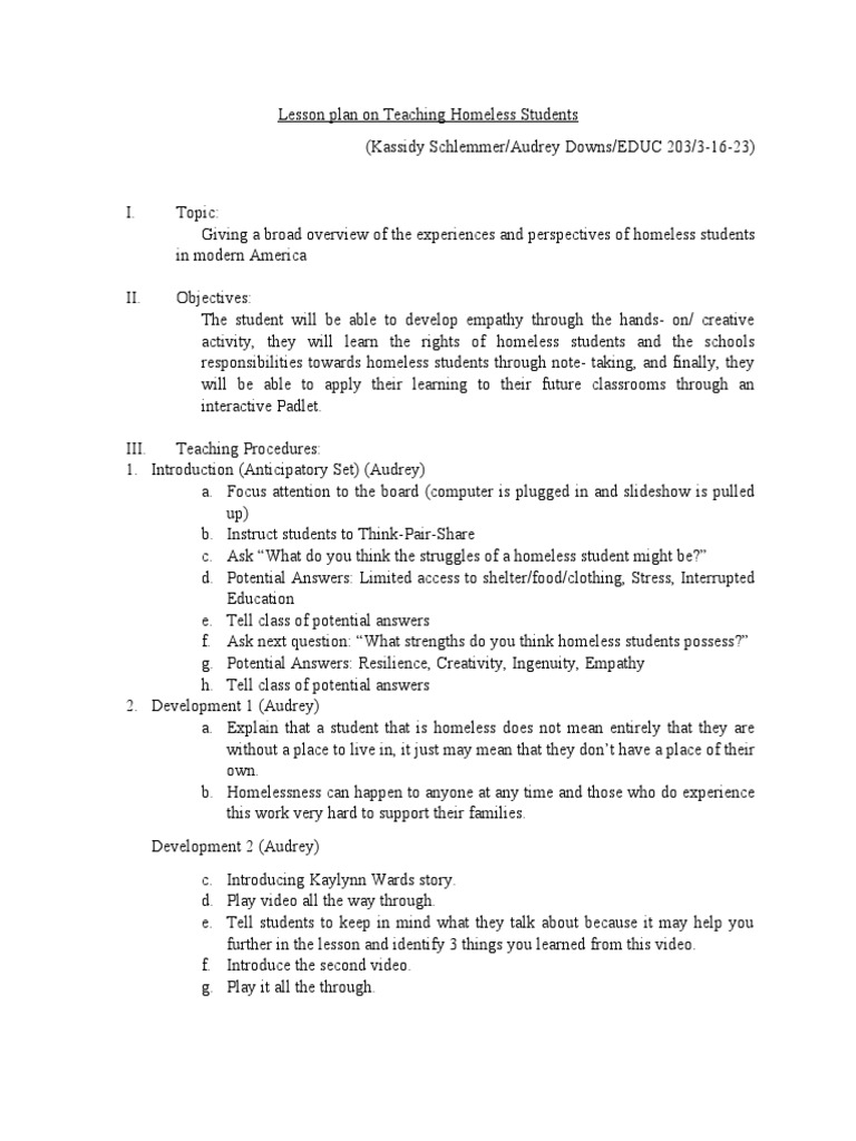 Homelessness Lesson Plan - Audrey and Kassidy | PDF