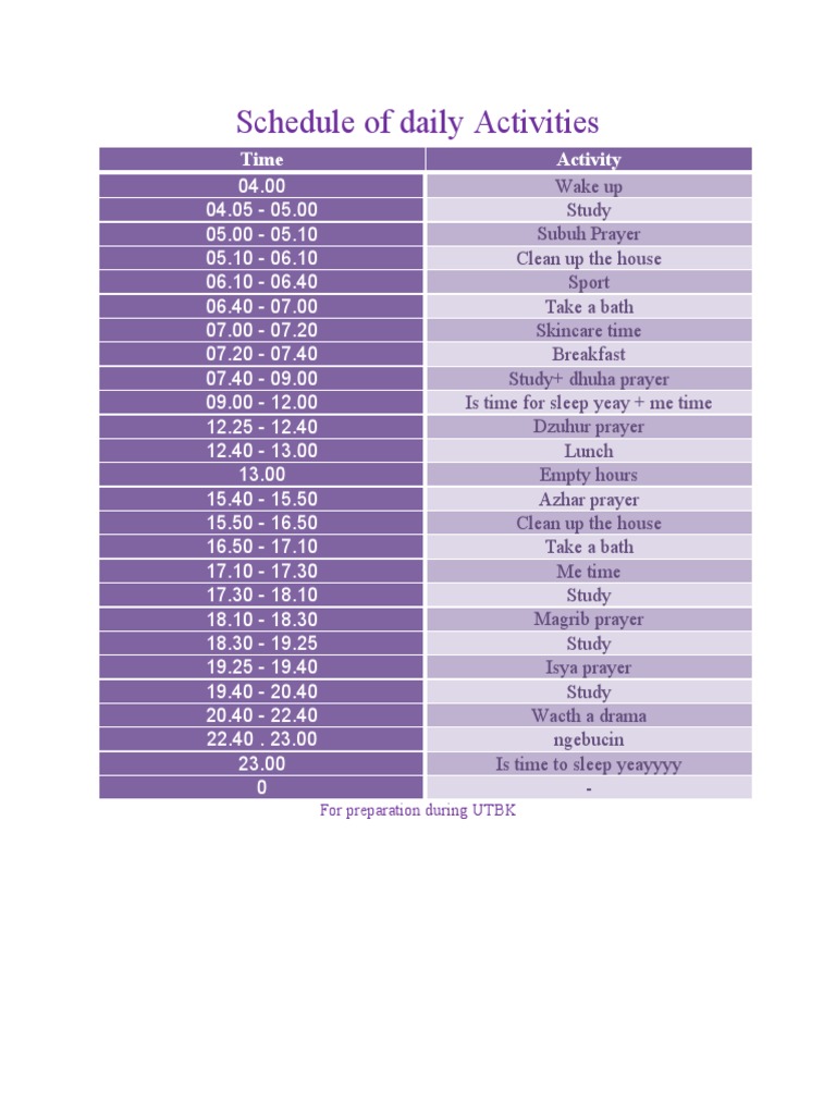 Schedule of Daily Activities | PDF