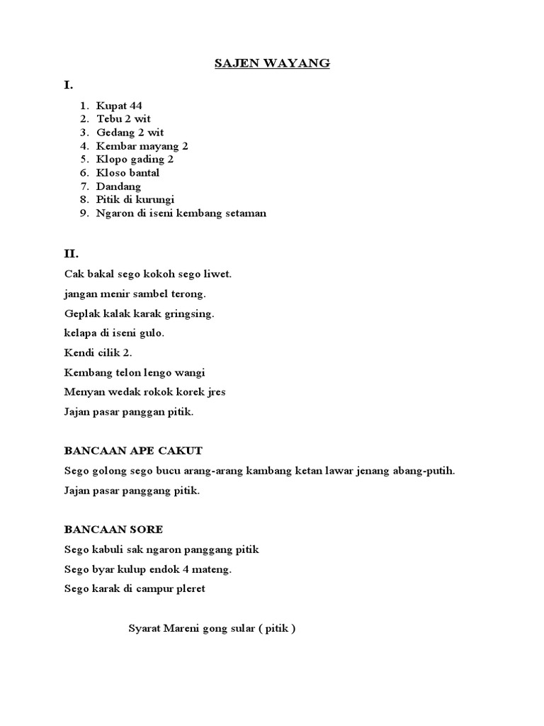 Sajen Wayang | PDF | Memasak, Makanan, & Anggur