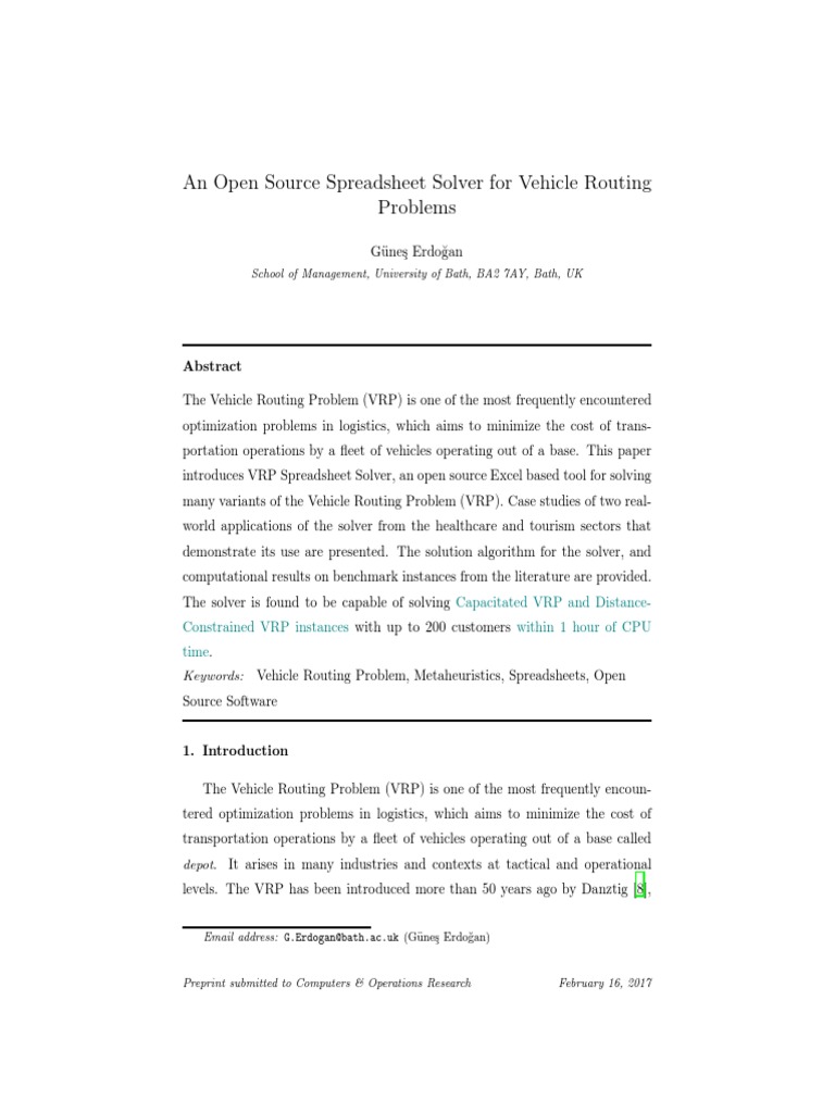 VRP Spreadsheet Solver COR Revision 1 PDF | PDF