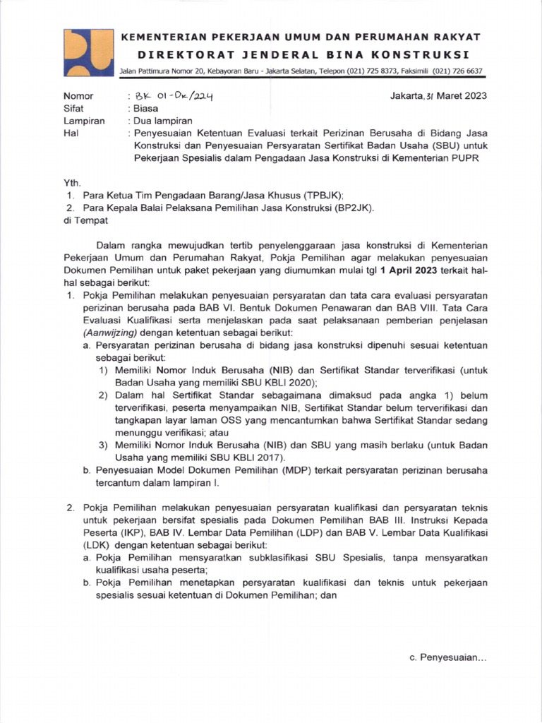 SE Dirjen Bina Karya Terkait IUJK | PDF
