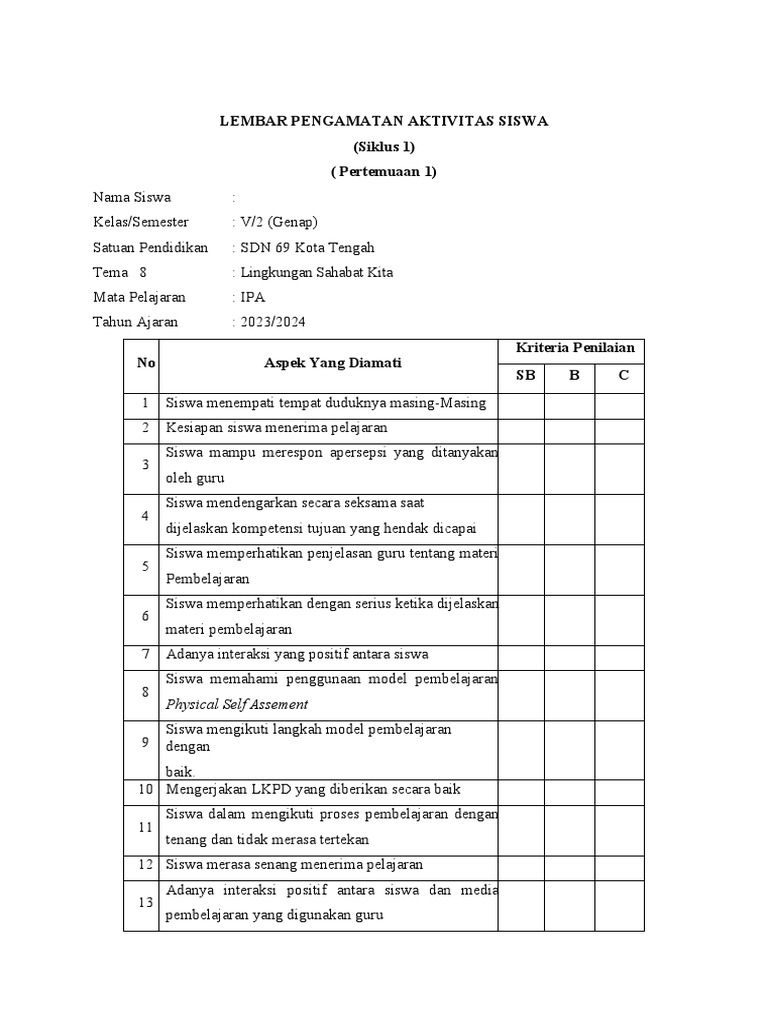 Lembar Pengamatan Aktivitas Siswa (Siklus 1) (Pertemuaan 1) | PDF