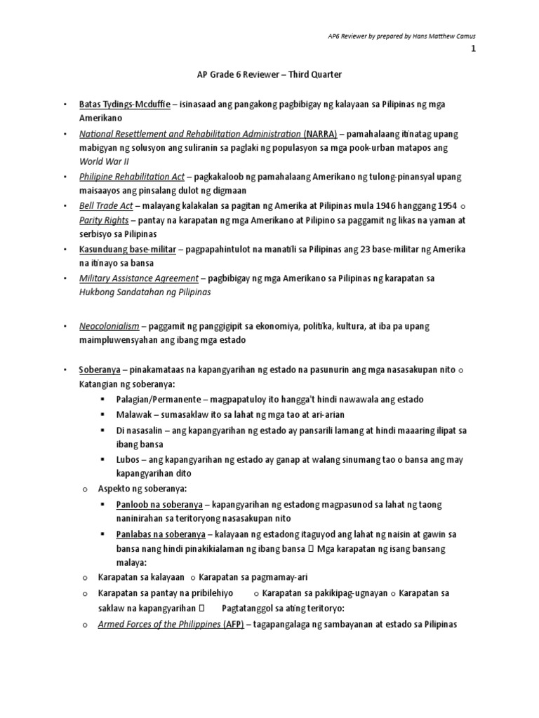 AP Grade 6 3rd Quarter Reviewer | PDF