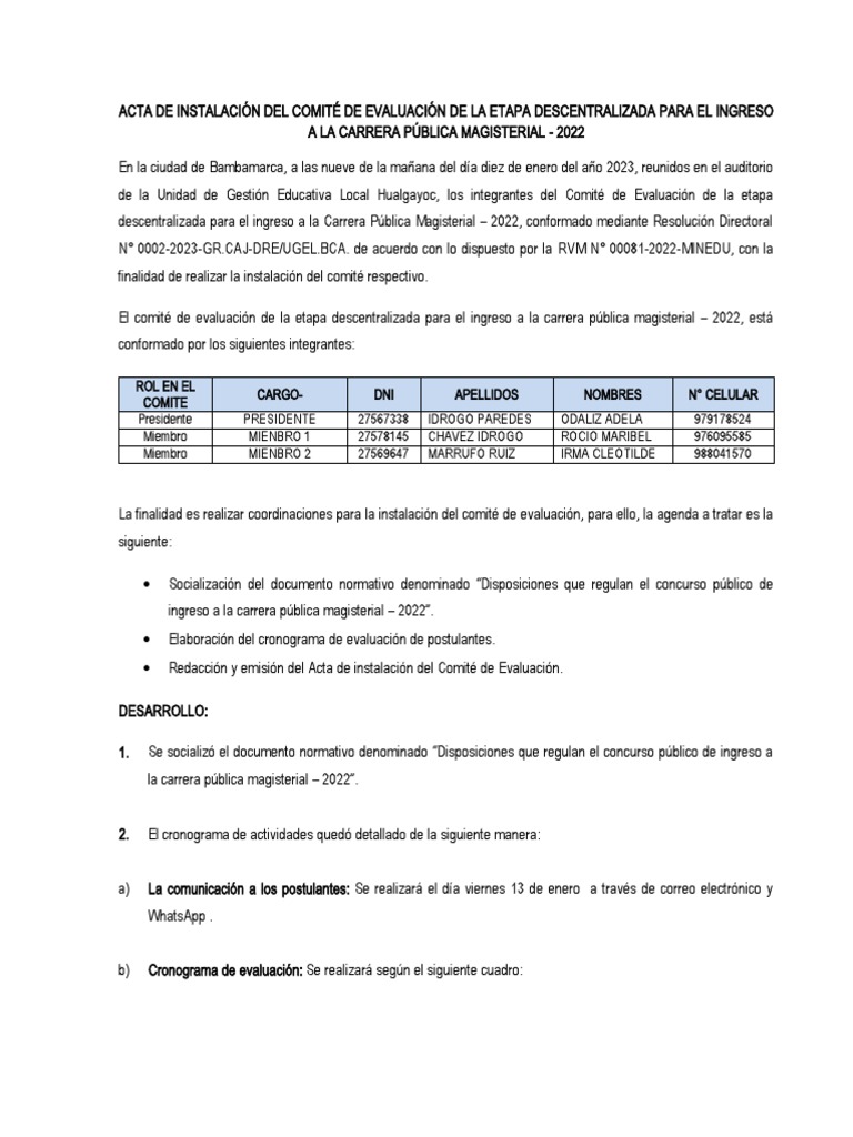 Acta De Instalación De Comité De Nombramiento 2023 1 Pdf