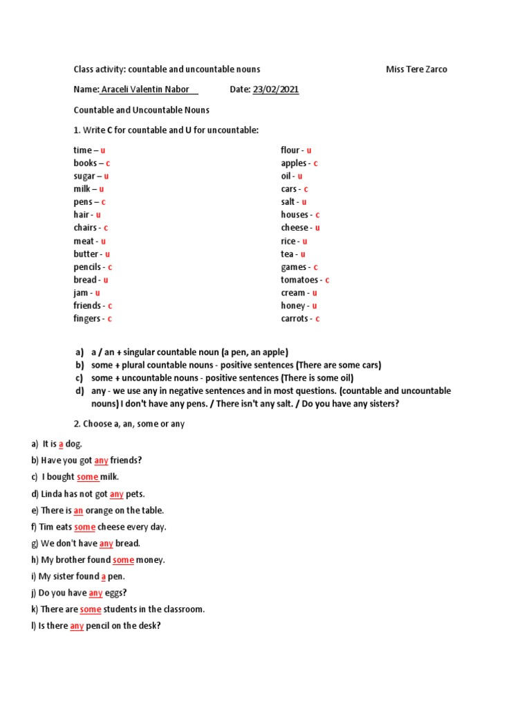 Class Activity Countable and Uncountable Nouns 1 | PDF
