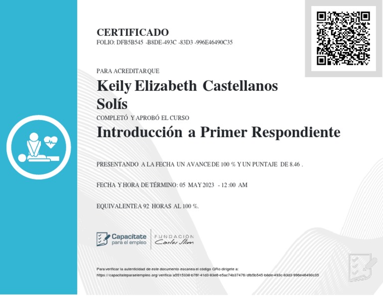 Certificación Curso Primer Respondiente | PDF | Crecimiento personal y ...