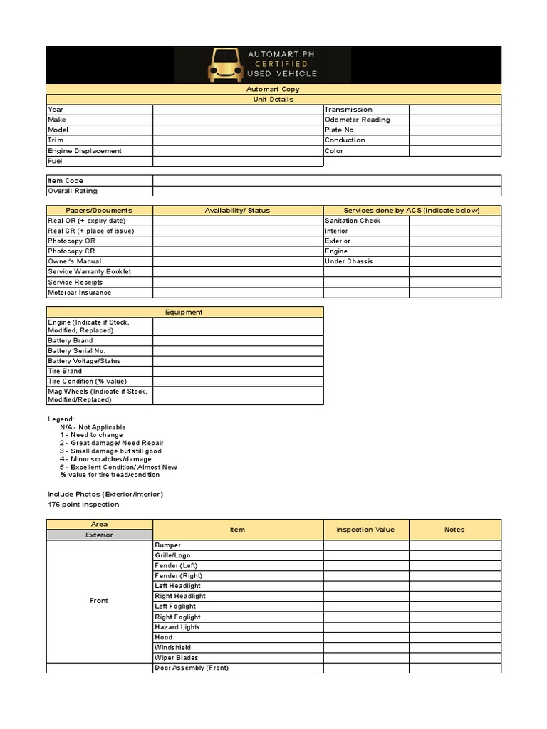 ACV Inspection Checklist (Automart) PDF | PDF | Trunk (Car) | Tire