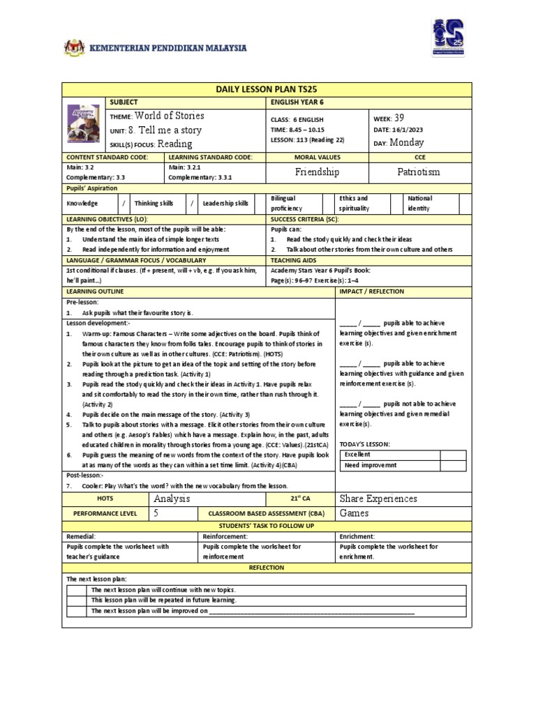 BI Y6 LP TS25 (Unit 8 - Tell Me A Story - LP 113-128) | PDF | Lesson Plan | Teachers