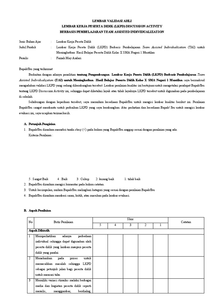 Lembar Validasi Ahli LKPD | PDF
